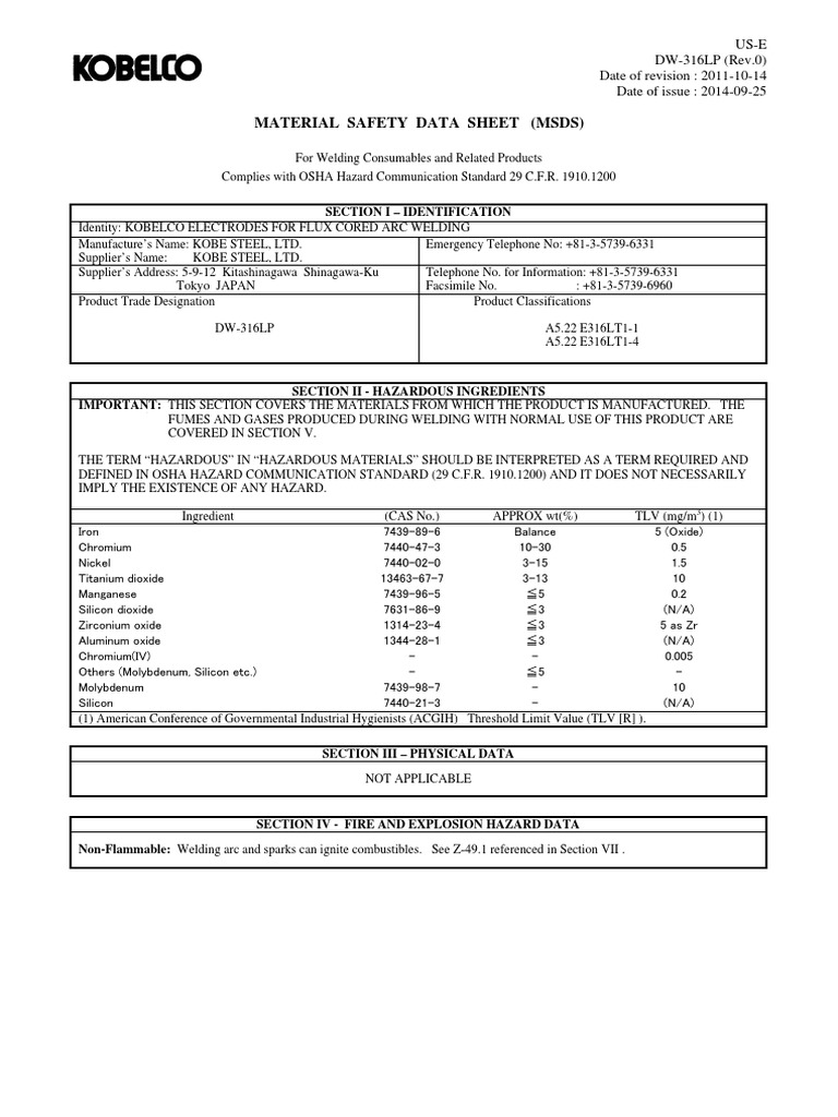Material Safety Data Sheet (MSDS) : Us-E DW-316LP (Rev.0) Date of ...