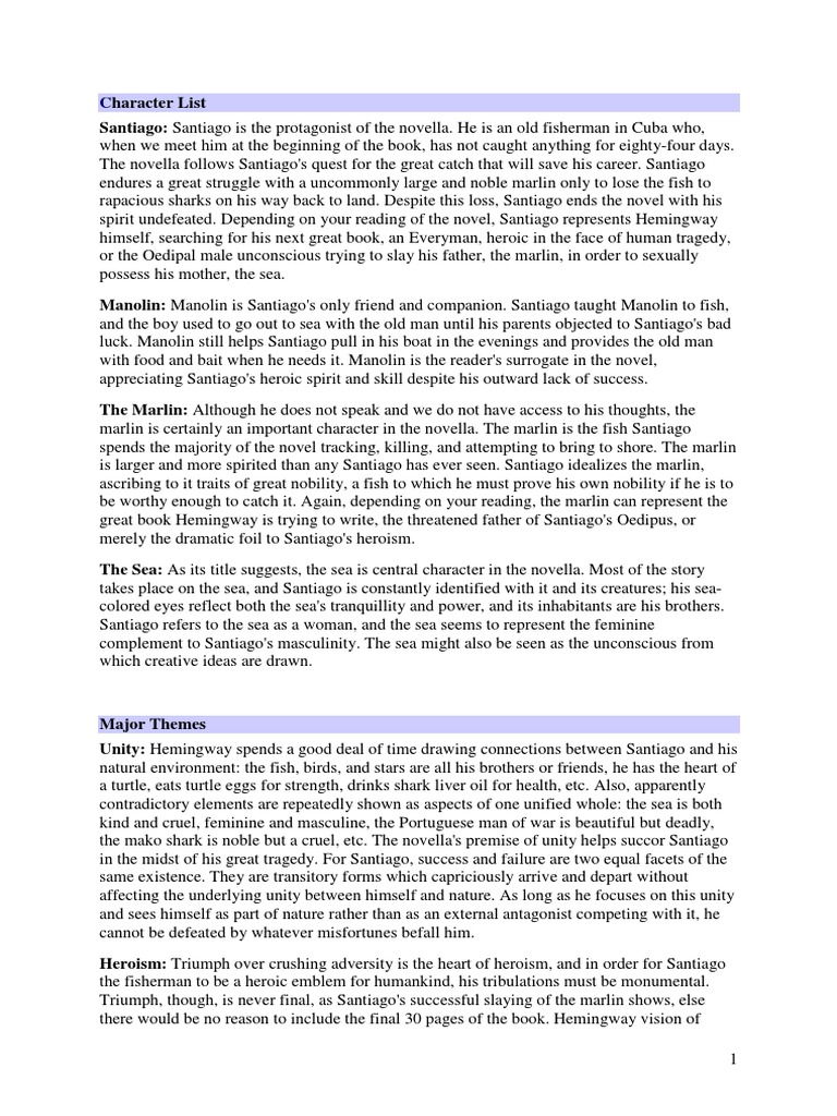 The Old Man and The Sea Characters and Themes | PDF