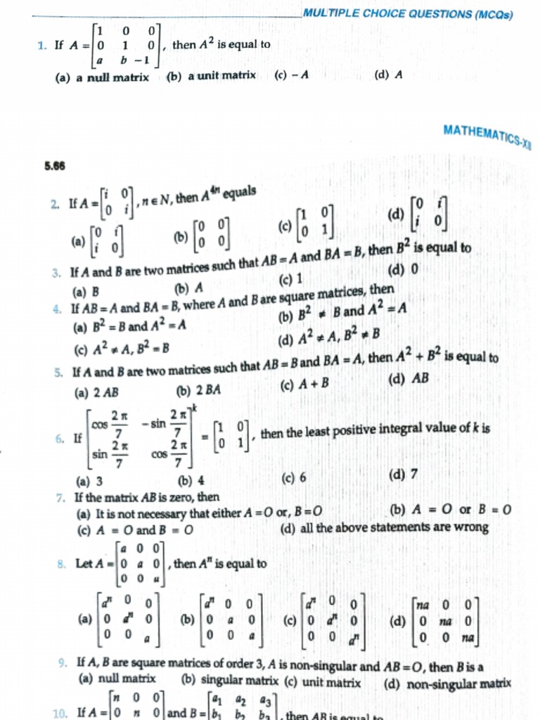 MCQs+VSAQs (Matrices) | PDF | Matrix (Mathematics) | Matrix Theory
