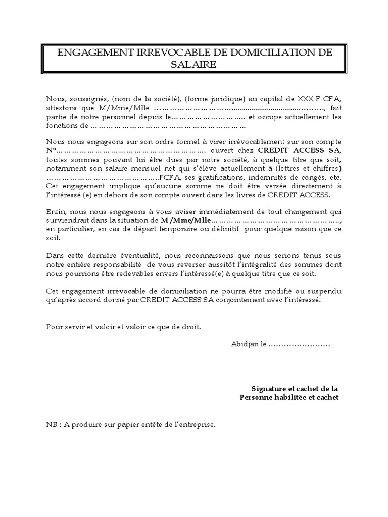 Model Attestation De Domiciliation De Salairepdf Notice Manuel