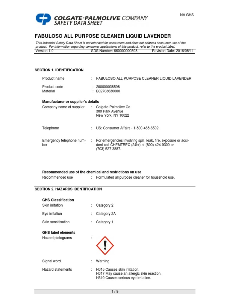 Fabuloso All Purpose Cleaner Liquid Lavender: Section 1. Identification ...