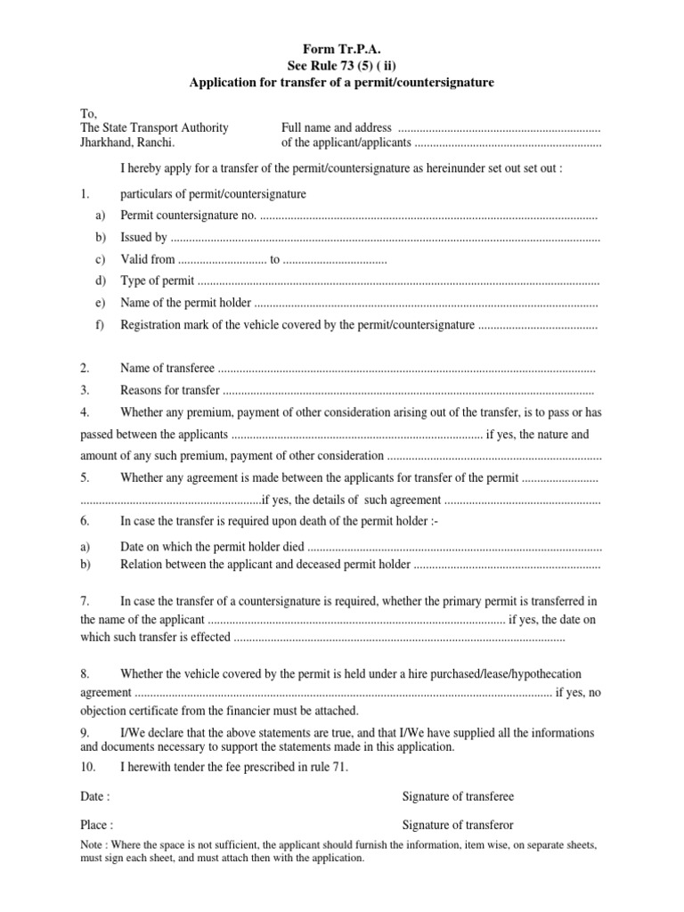 Form Tr.P.A. See Rule 73 (5) (Ii) Application For Transfer of A Permit ...