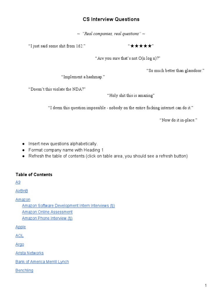 CS Interview Questions: "Real Companies, Real Questions" | PDF ...