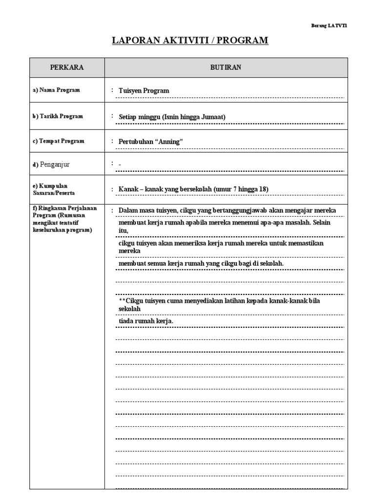 BORANG LAPORAN AKTIVITI & PROGRAM Tuisyen Program | PDF