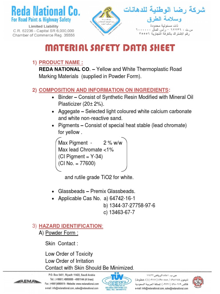 MATERIAL SAFETY DATA SHEET - Thermoplastic Road Marking Materials | PDF | Titanium Dioxide ...
