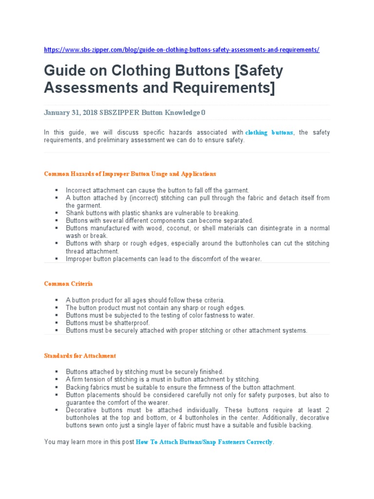 Guide On Clothing Buttons (Safety Assessments and Requirements ...