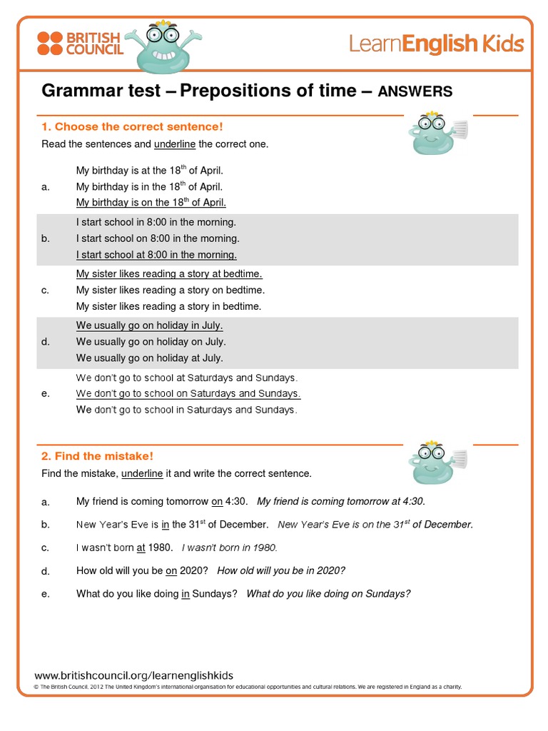 Grammar Test - Prepositions of Time - : Answers | PDF