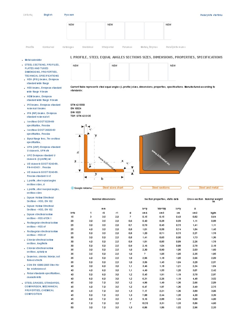 L Profile, Steel Equal Angles Sections Sizes, Dimensions, Properties ...