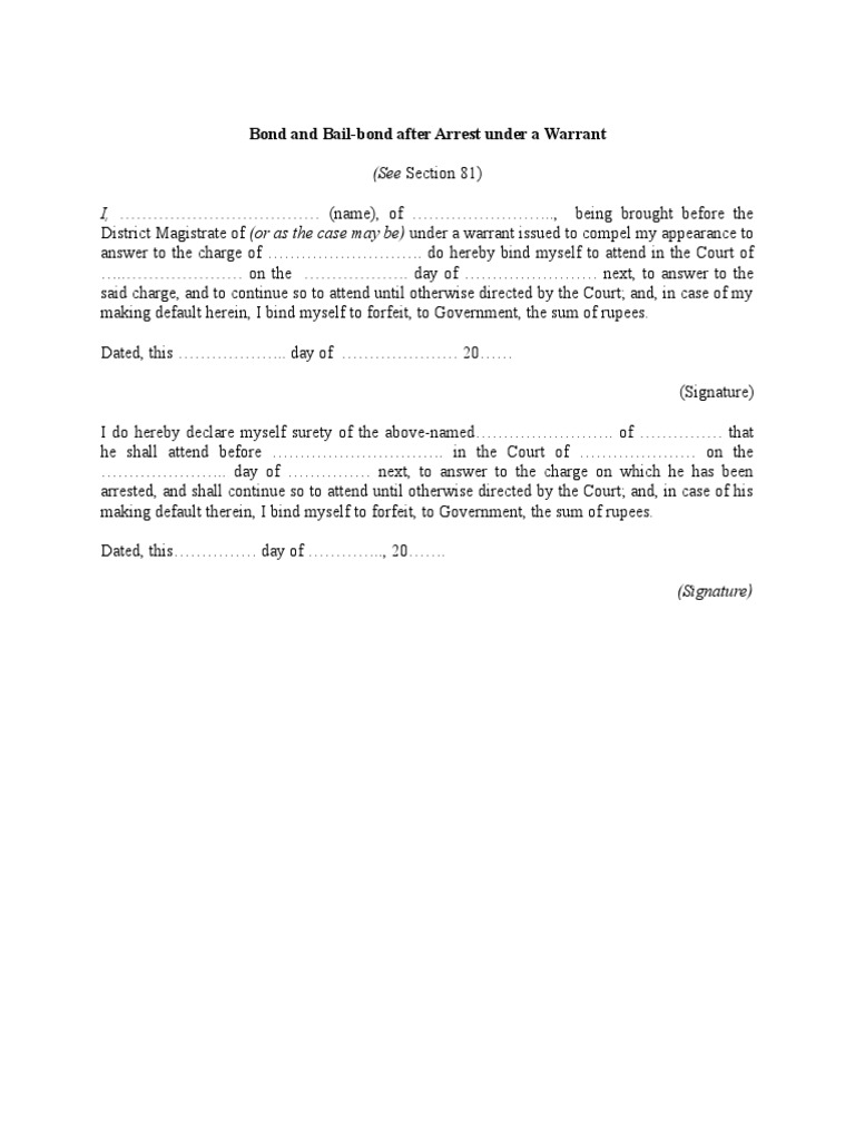 Bond and Bail-Bond After Arrest Under A Warrant-Drafting-Criminal Template-628 | PDF