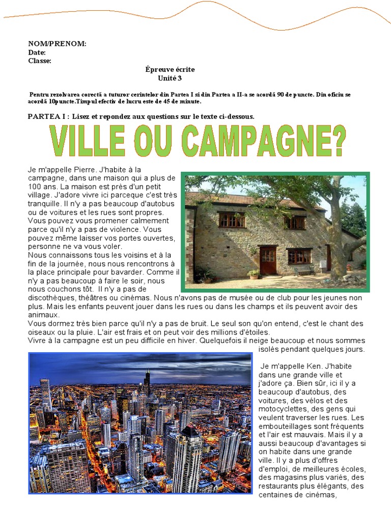 Ville Ou Campagne Comprehension Ecrite Texte Questions Feuille Dexer ...