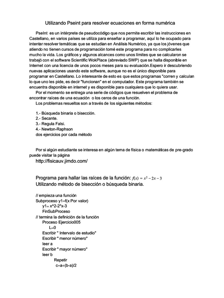 Códigos Pseint para resolver ecuaciones | PDF | Análisis numérico ...