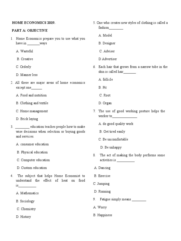 HOME ECONOMICS - Revision Question June 2021 | PDF | Meal | Textiles
