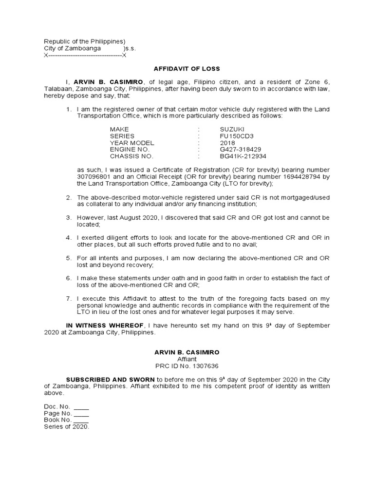 Loss Certificate of Registration | PDF | Affidavit | Document