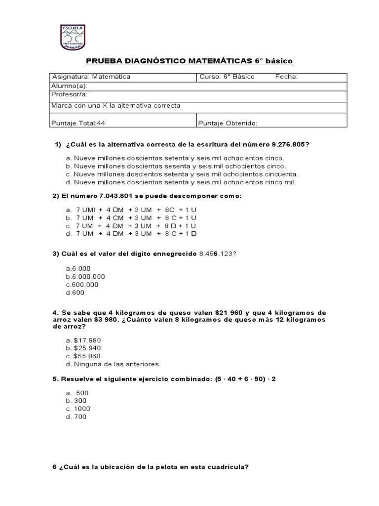 Prueba Diagnóstico Matemáticas 6 Básico 2021 Pdf Naturaleza