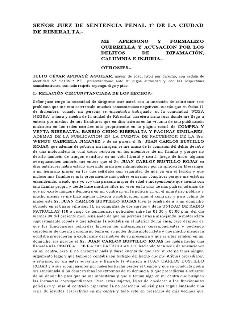 Memorial Difamacion, Calumnia e Injuria | PDF | Queja | Intención (Derecho Penal)