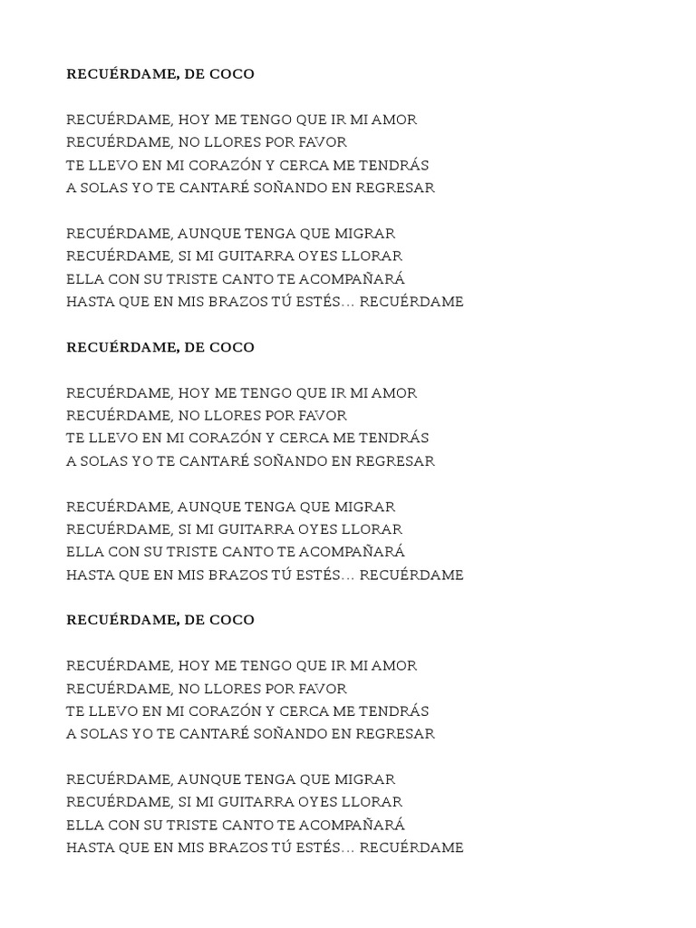 Letra de "Recuérdame" de Coco | PDF