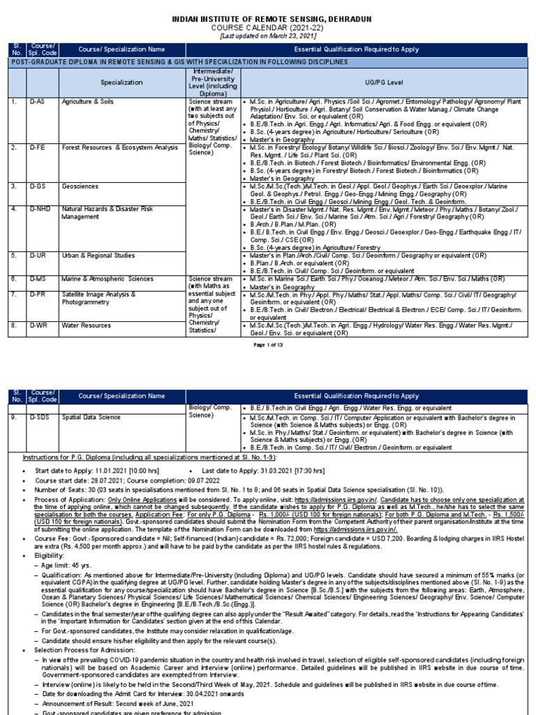 Indian Institute of Remote Sensing Course Calendar 2021-2022: Post-Graduate Diploma in Remote ...