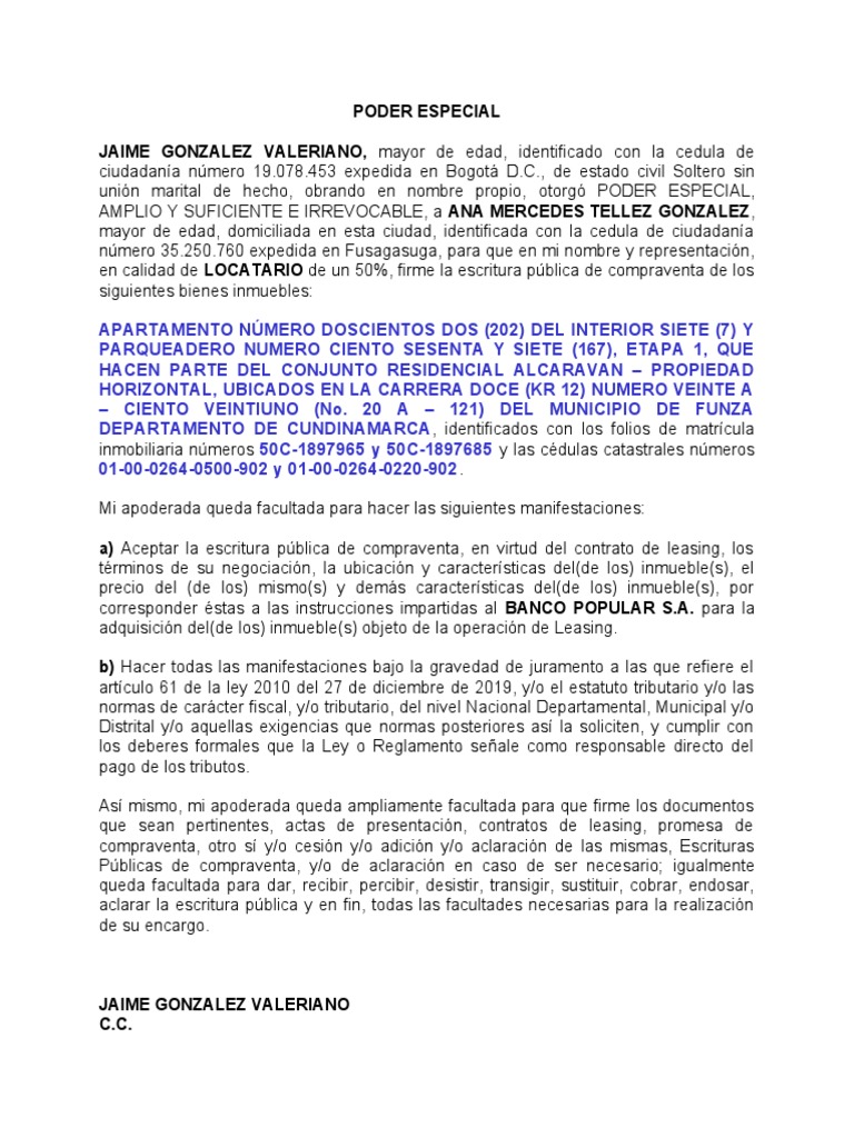 Poder Especial para Compraventa Inmobiliaria | PDF | Arrendamiento | Derecho inmobiliario
