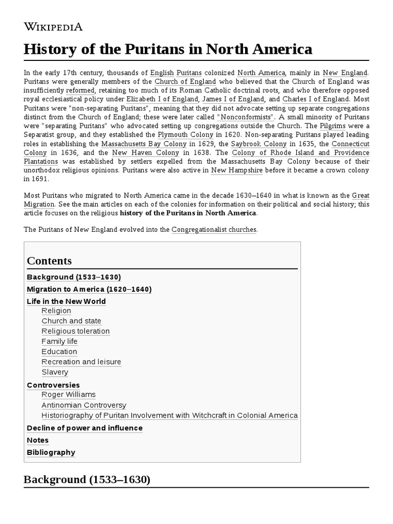 History of The Puritans in North America | PDF | Puritans | Elder ...
