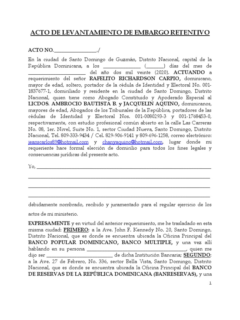 Levantamiento de Embargo Retentivo | PDF | República Dominicana