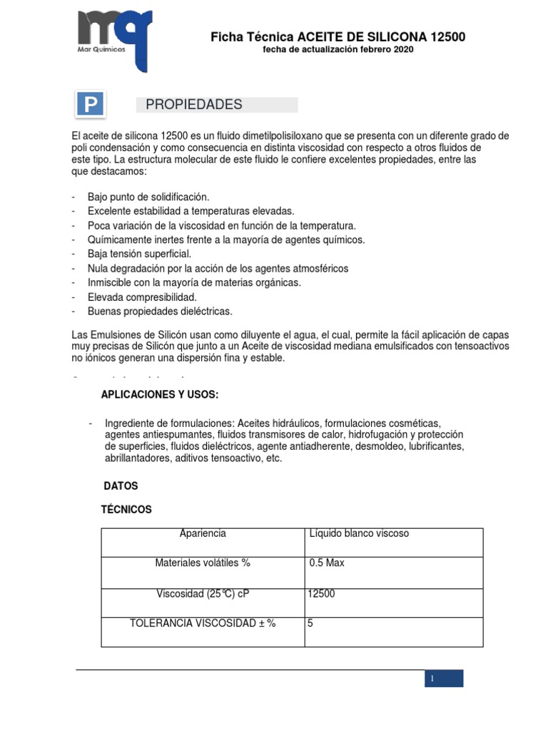 F.T Aceite de Silicona 12500 | PDF | Silicona | Viscosidad