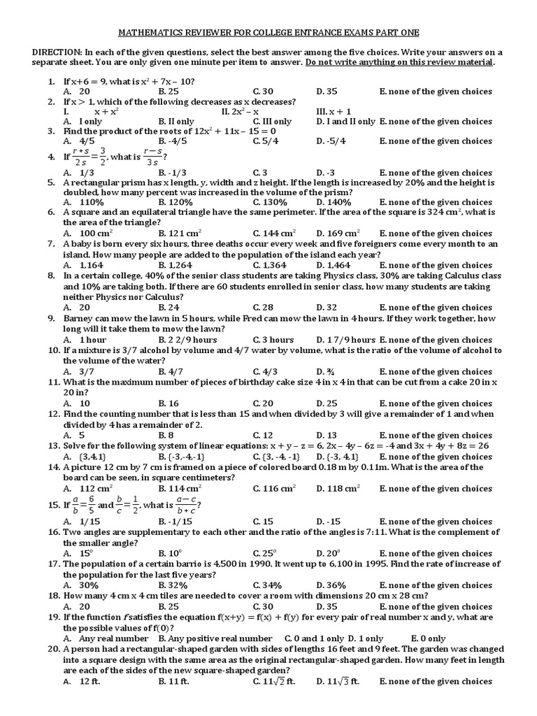 Mathematics Reviewer For College Entrance Exams Part One | PDF | Area ...