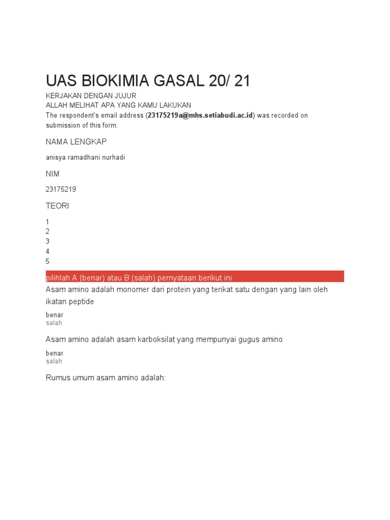 Uas Biokimia Gasal 20 | PDF | Sains & Matematika