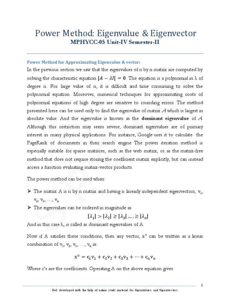 Power Method: Eigenvalue & Eigenvector: MPHYCC-05 Unit-IV Semester-II ...