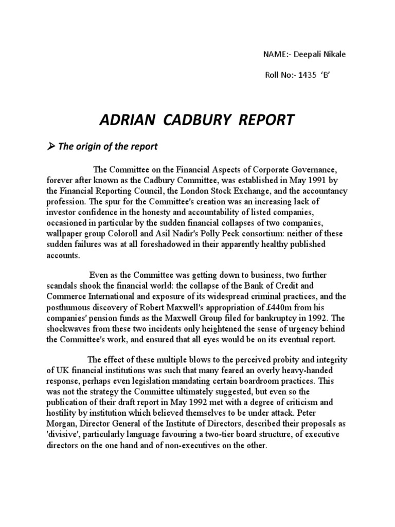 Adrian Cadbury Report | PDF | Corporate Governance | Audit Committee