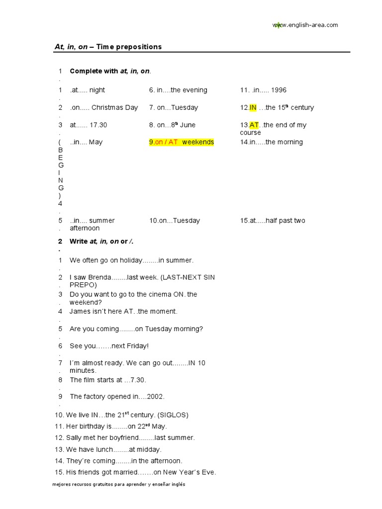 At, In, On - Time Prepositions | PDF