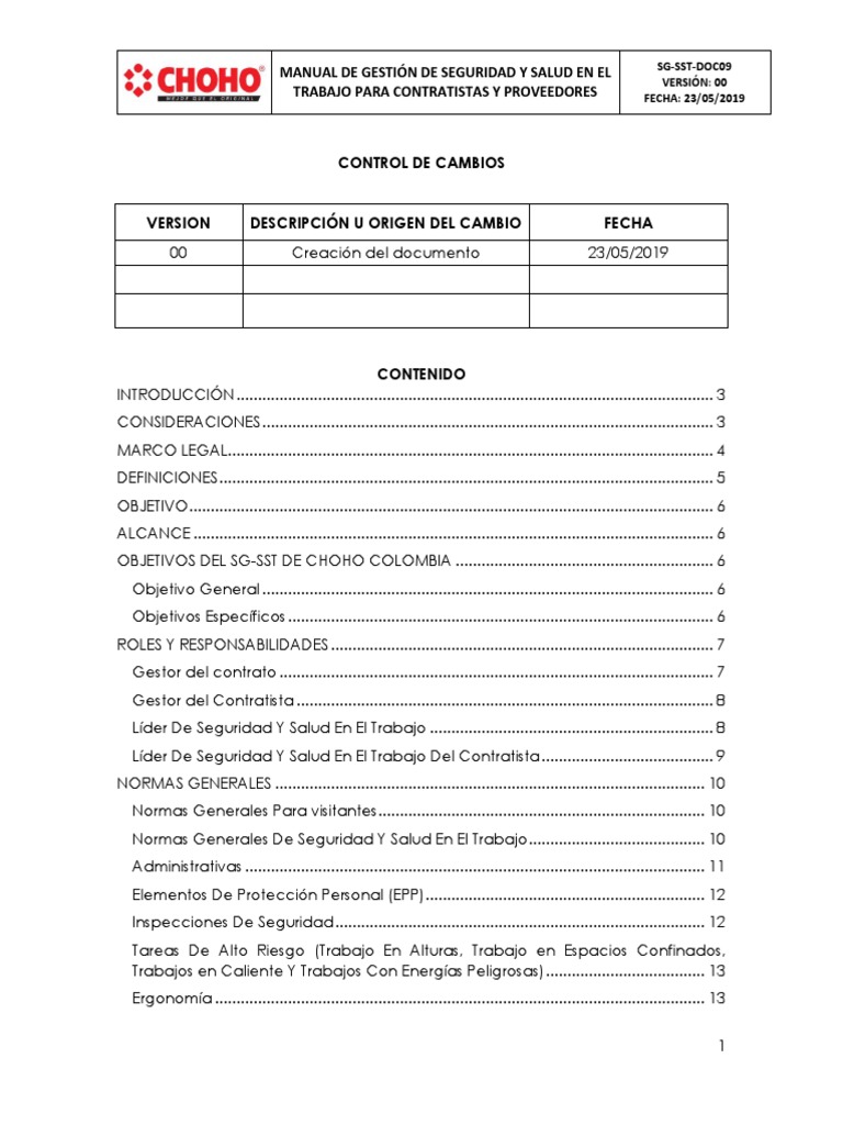 SG-SST-DOC09 Manual de Gestión de Seguridad y Salud en El Trabajo para Contratistas y ...