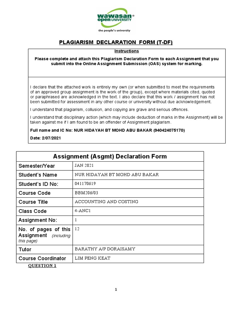 Plagiarism Declaration Form (T-DF) | PDF | Income Statement | Expense