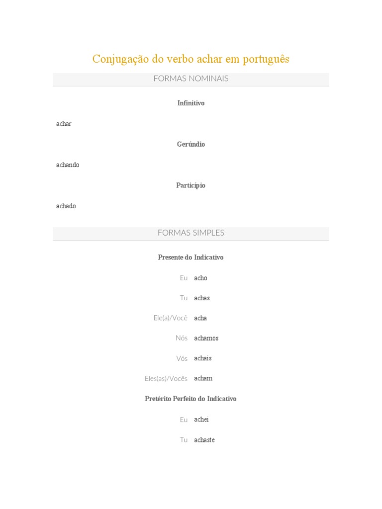 Conjugação do Verbo Achar em Português | PDF | Morfologia | Relações ...