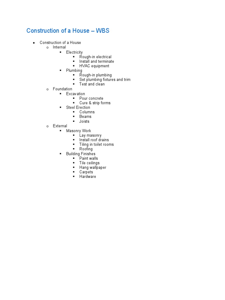 WBS for House Construction Activities | PDF