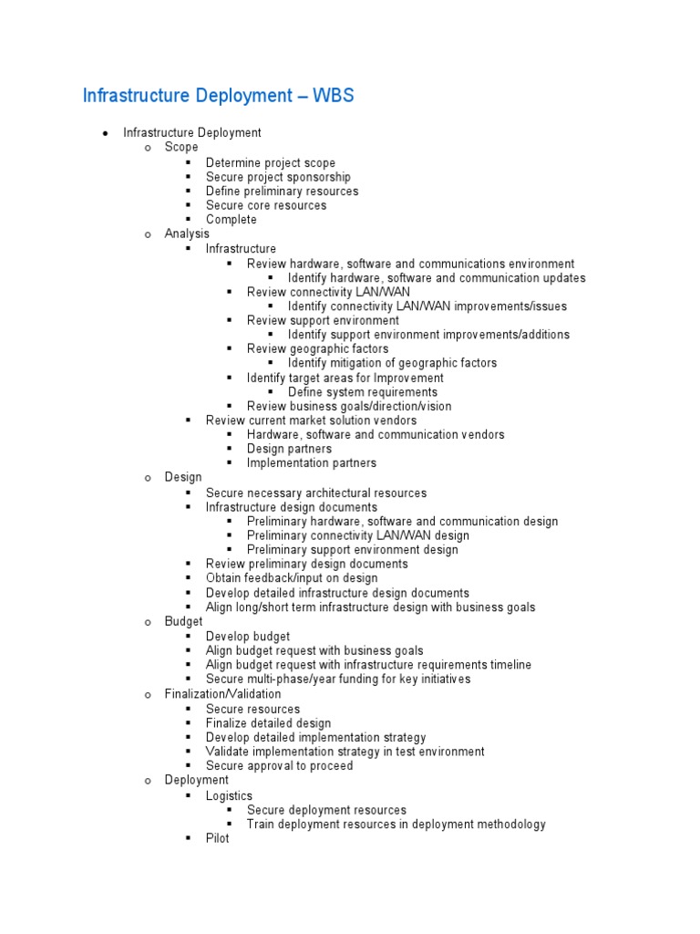 WBS-Infrastructure Deployment | PDF | Infrastructure | Implementation