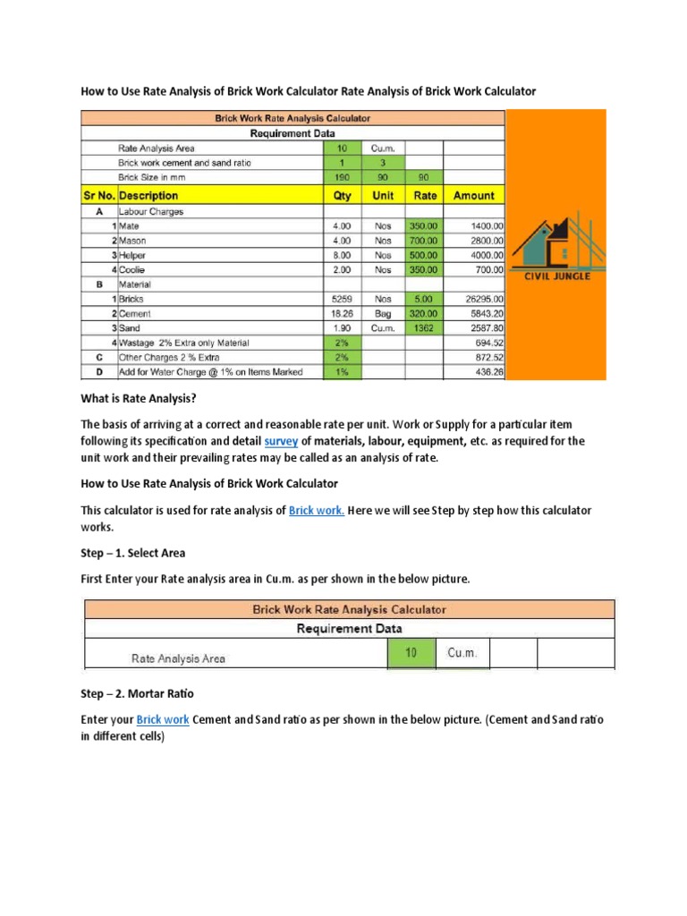 How To Use Rate Analysis of Brick Work Calculator Rate Analysis of ...