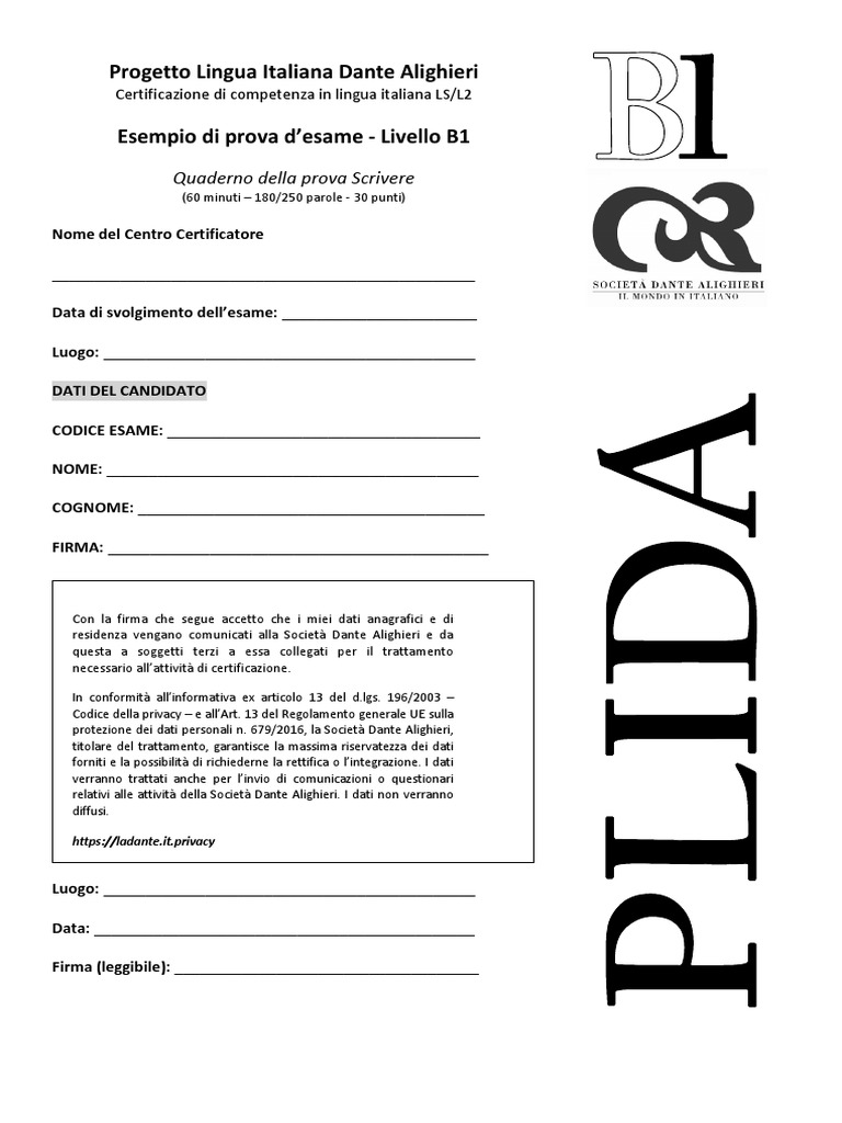PLIDA B1 - Prova Esempio - Scrivere | PDF