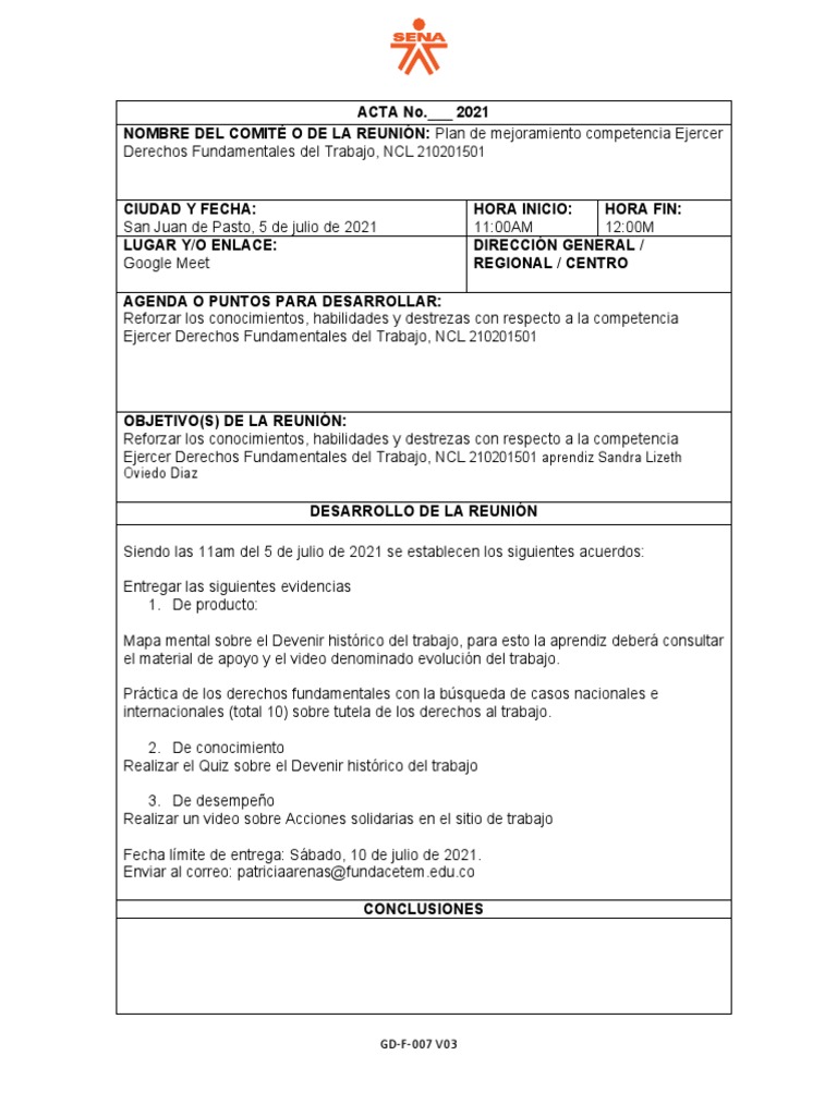 1 GD-F-007 - Formato - de - Acta - y - Sandra Liceth Oviedo Diaz | PDF | Derecho Constitucional ...