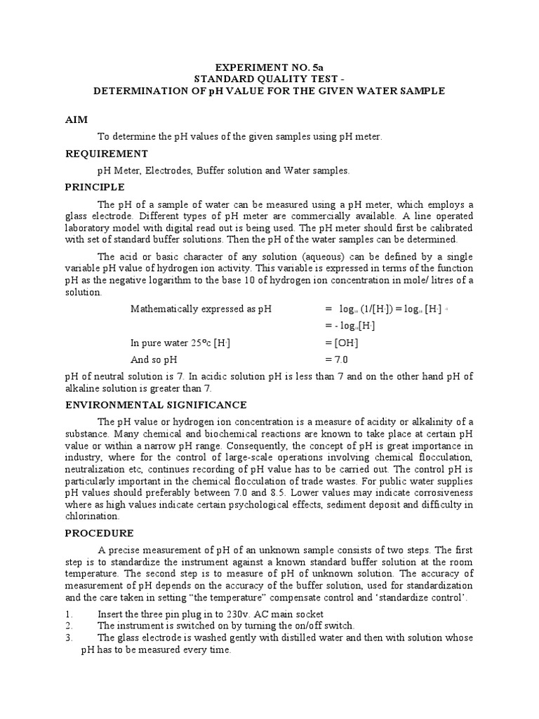 Experiment No. 5A Standard Quality Test - Determination of PH Value For ...