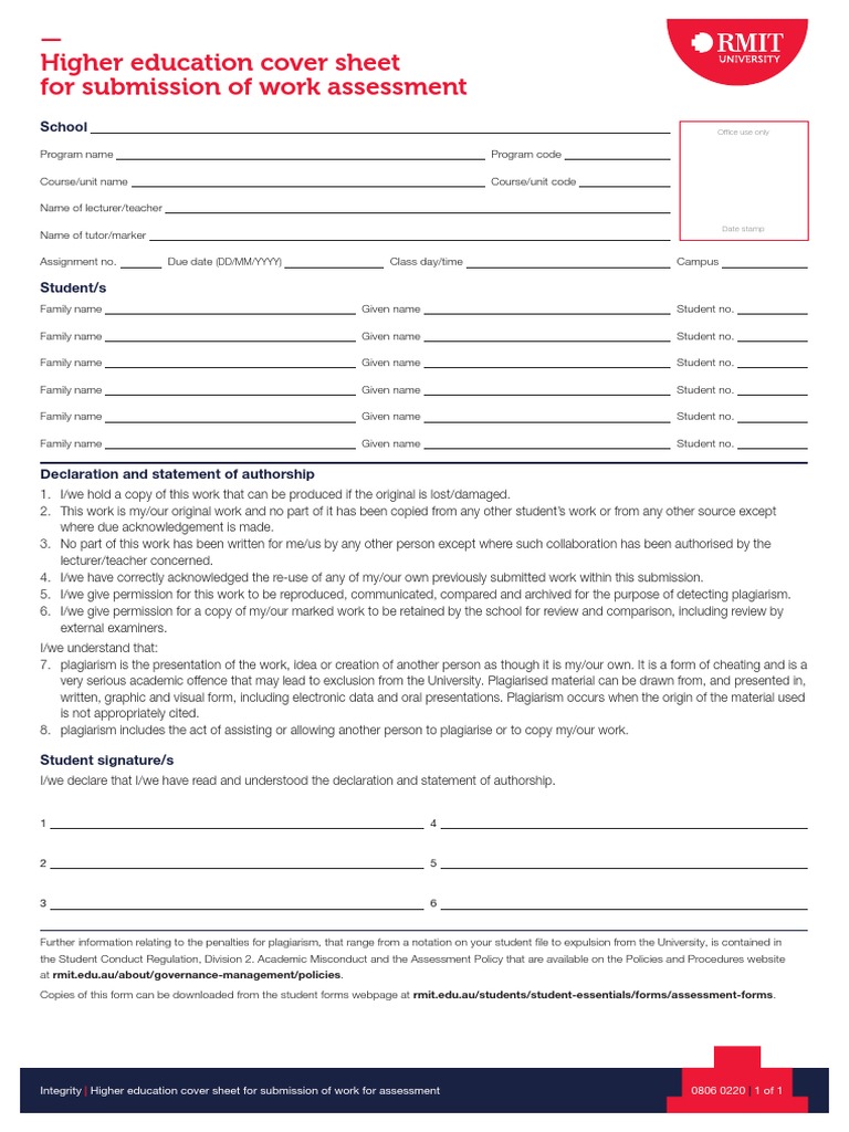 Student Assessment Cover Sheet | PDF | Plagiarism | Academia