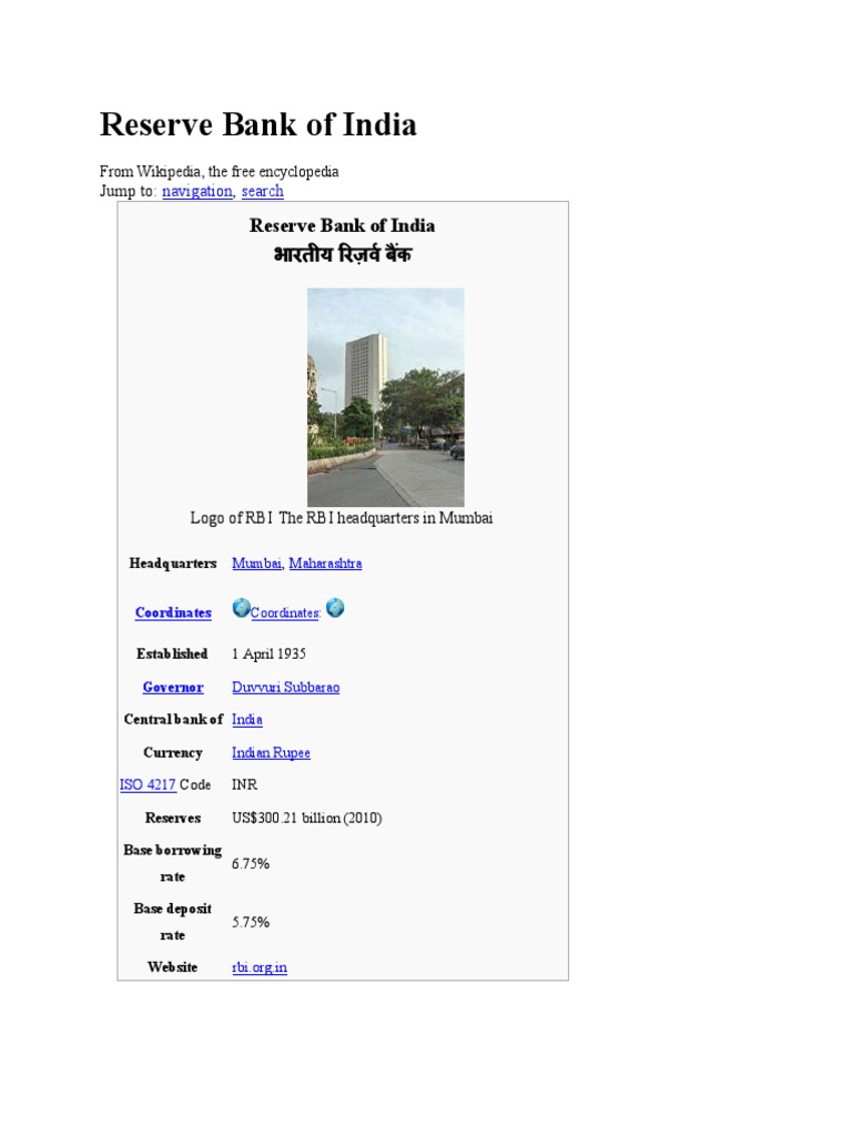 rbi introduction | PDF | Reserve Bank Of India | Banks