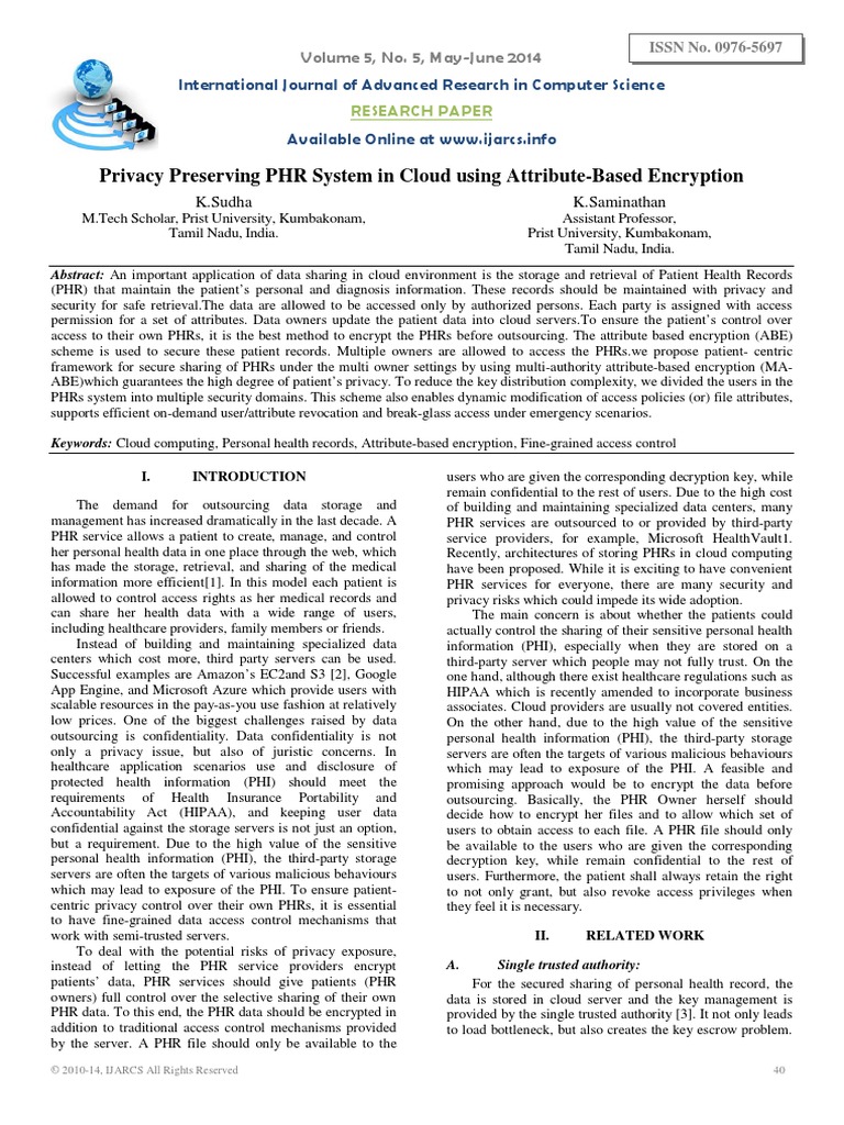 Privacy Preserving Phr System In Cloud Using Attribute Based Encryption Pdf Key