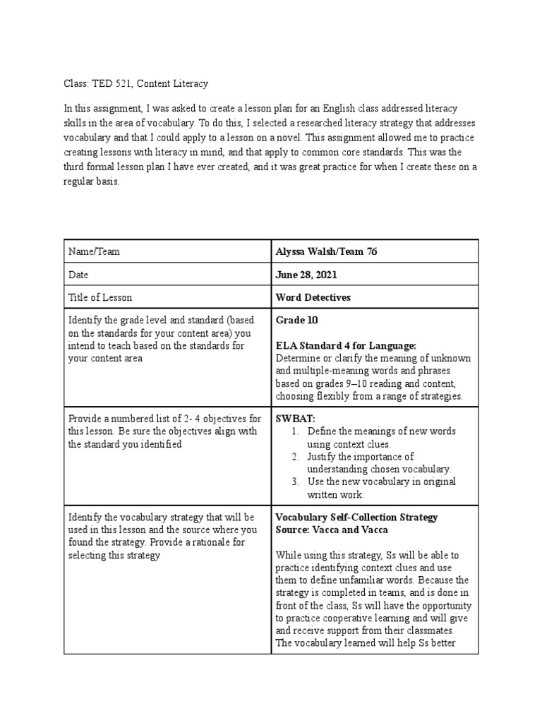 Alyssa Walsh/Team 76 June 28, 2021 Word Detectives Grade 10 ELA ...