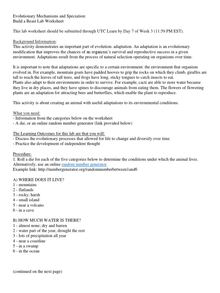 Evolutionary Mechanisms and Speciation Lab Worksheet | PDF | Adaptation ...