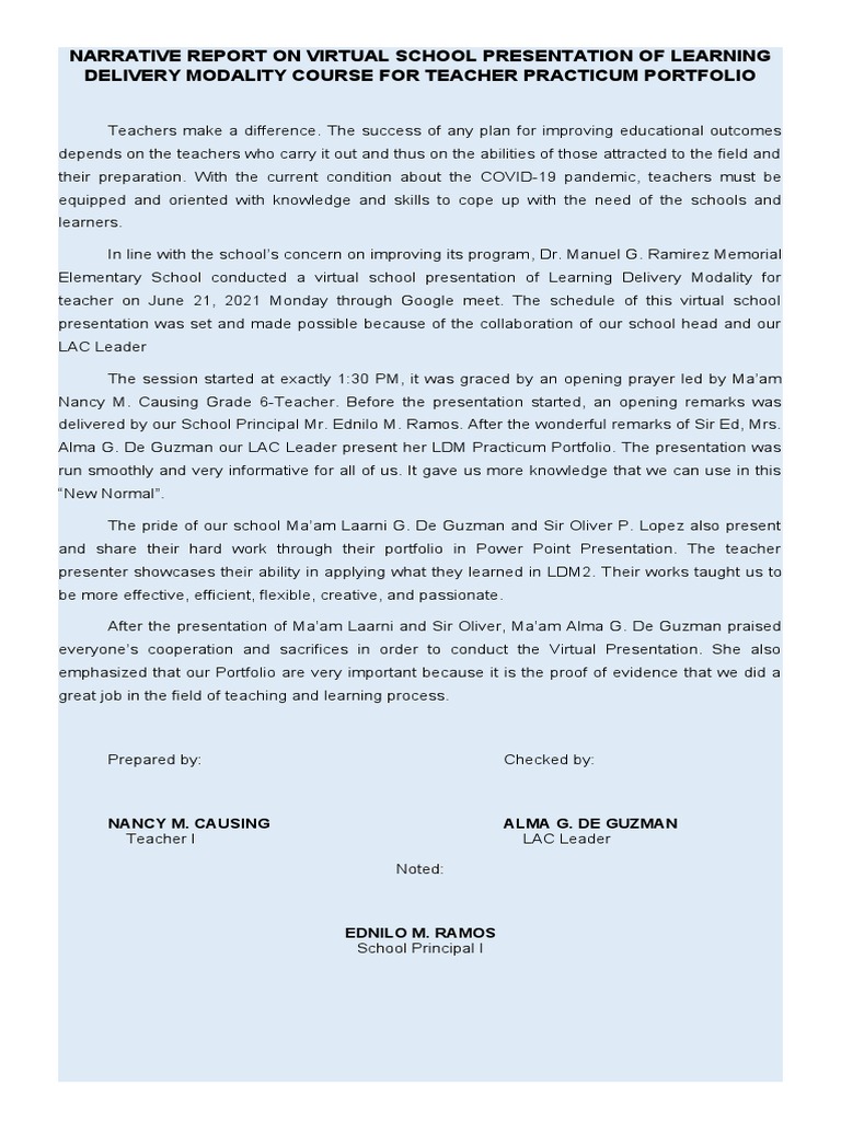 Narrative Report On Virtual School Presentation of Learning Delivery ...