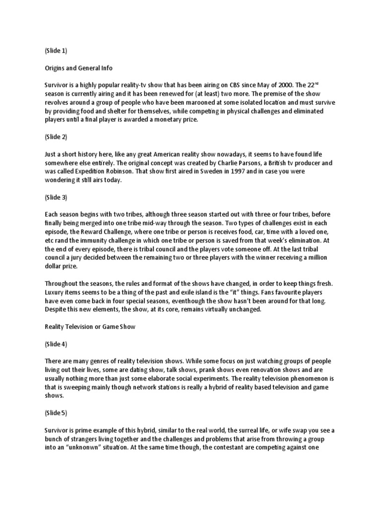 Reality TV Presentation | PDF | Reality Television