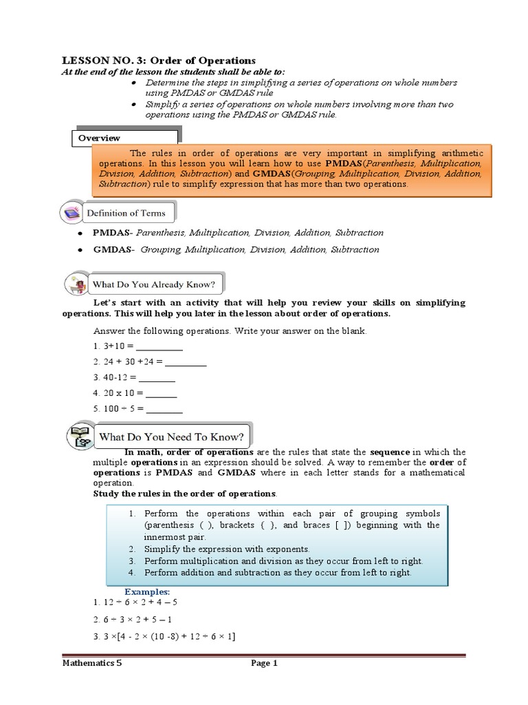 Order of Operations: PMDAS & GMDAS | PDF | Bracket | Multiplication