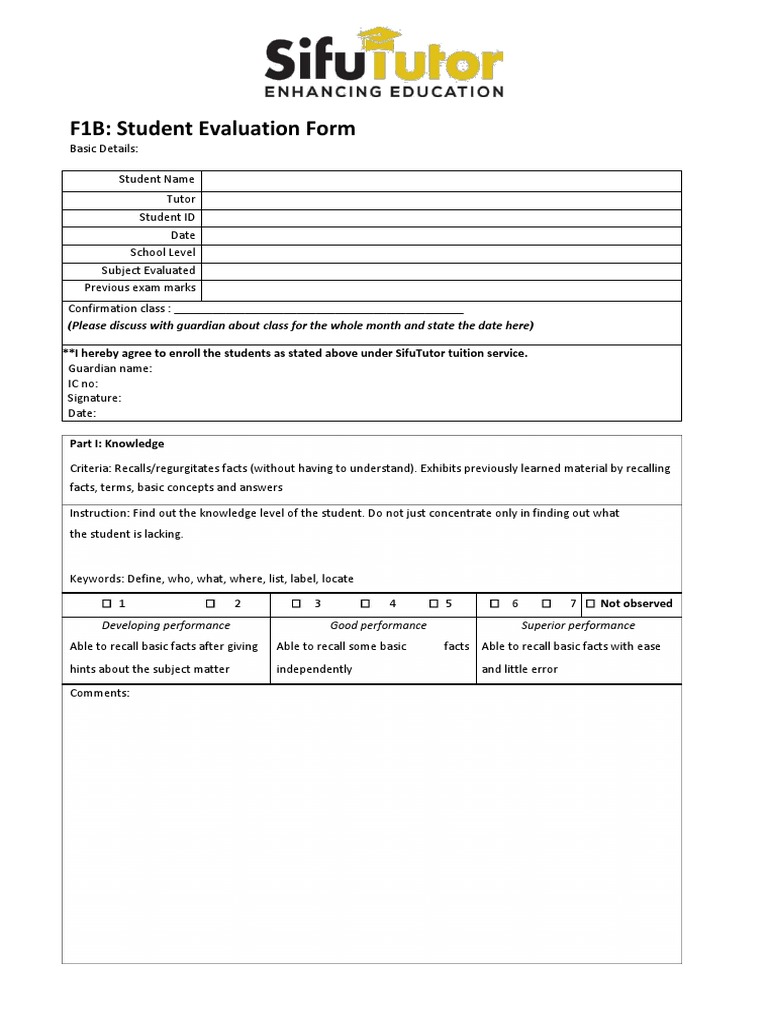 F1B - 1.0 - Student Evaluation Form New | PDF | Concept | Understanding
