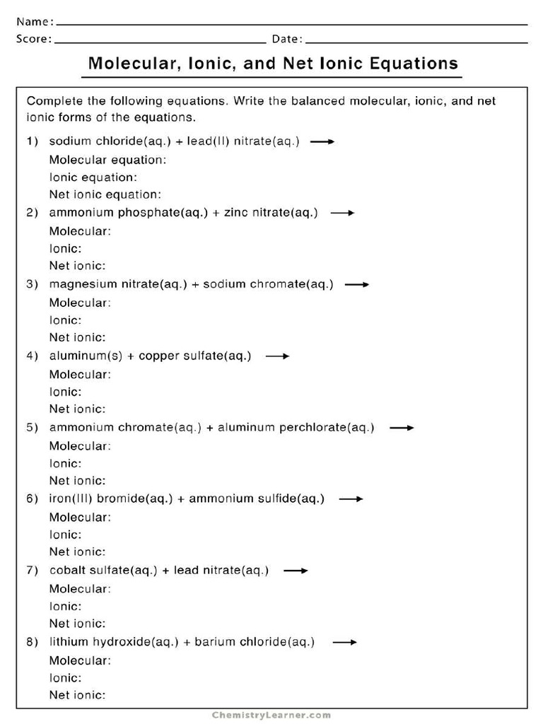 Ionic and Net Ionic Equations Worksheet | PDF