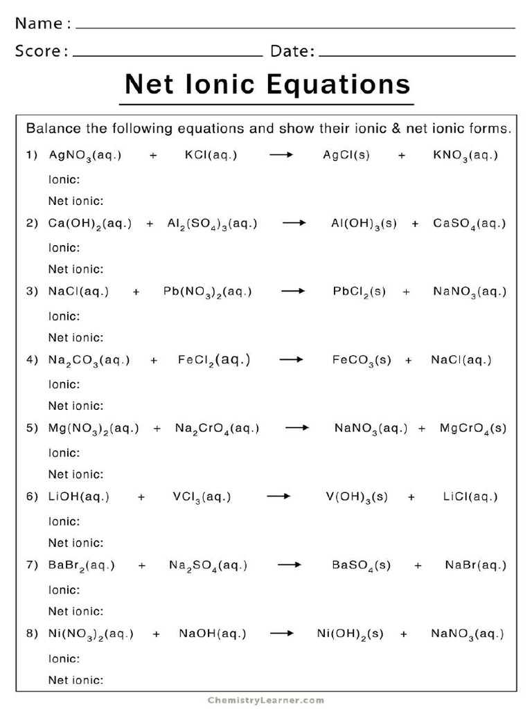 Net Ionic Equations Worksheet | PDF